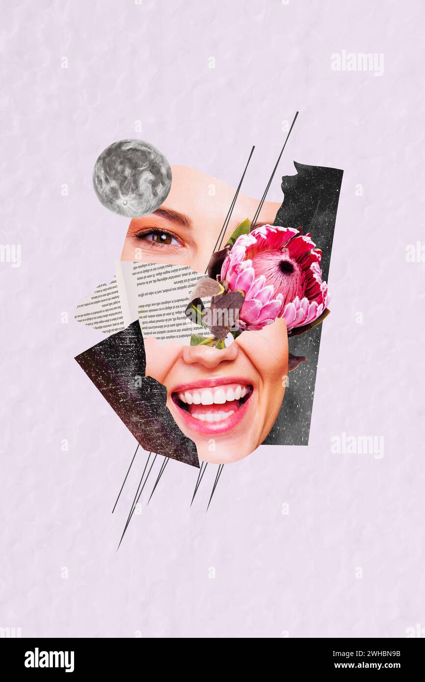 Collage poster picture of happy smiling woman face with healthy teeth ...