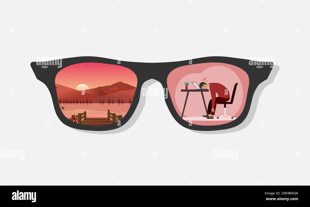Sunglasses with reflection of a view of nature and a tired worker ...