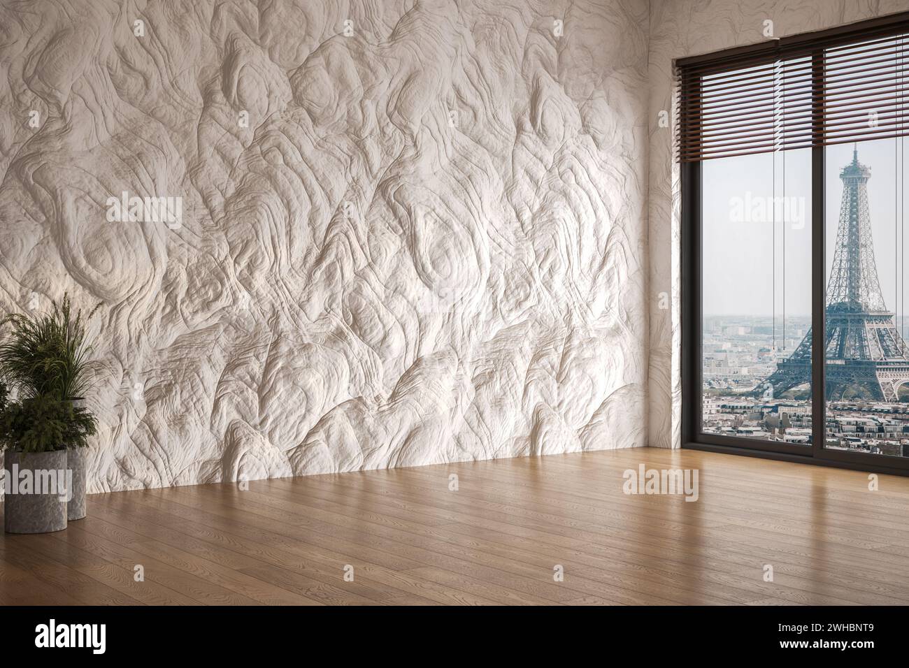 Modern empty room with wooden floor and large white stone wall Stock ...
