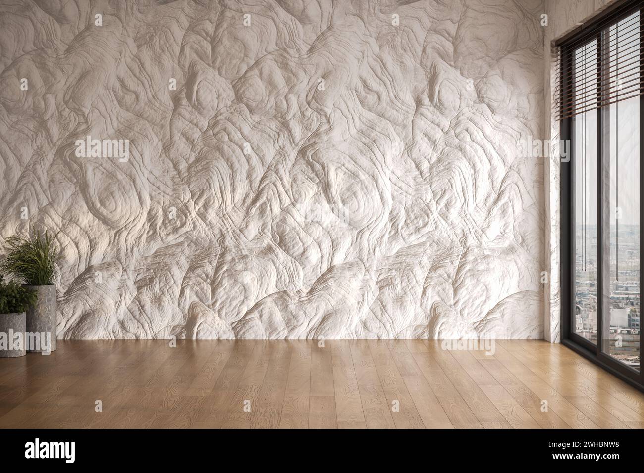 Modern empty room with wooden floor and large white stone wall Stock ...