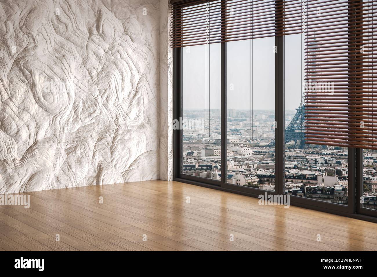 Modern empty room with wooden floor and large white stone wall Stock ...