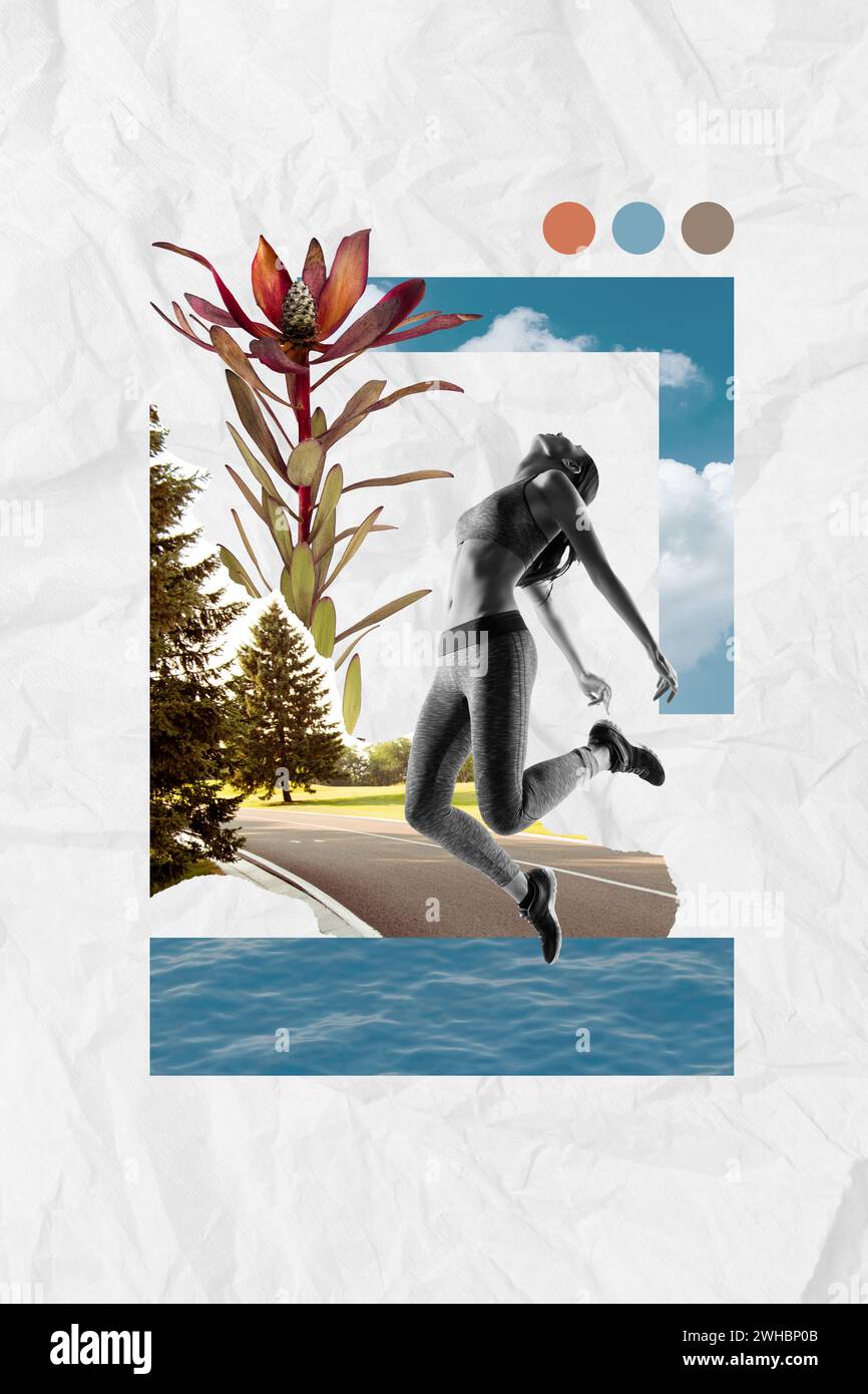 Vertical collage picture of black white colors peaceful girl flying ...