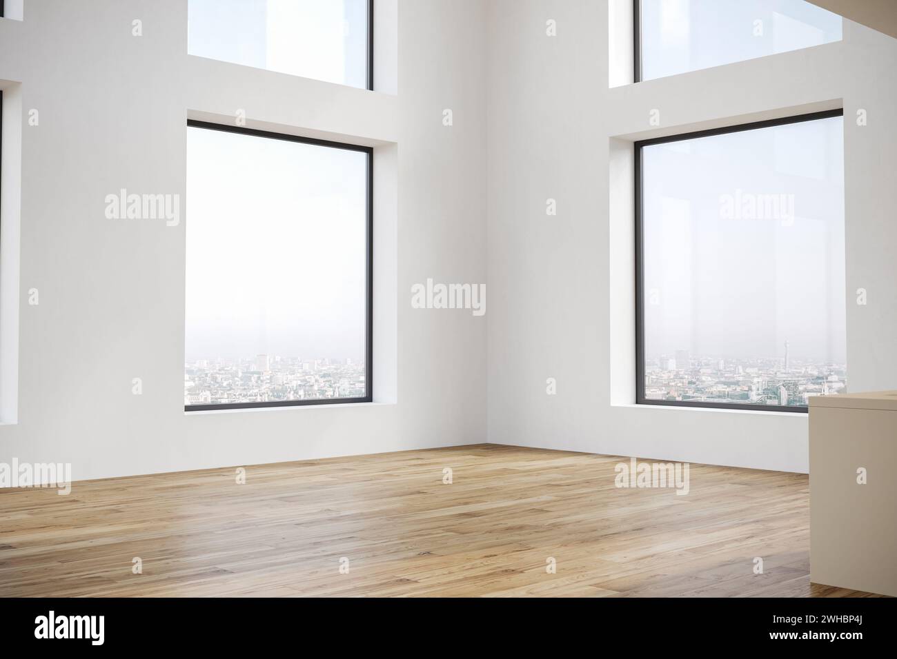 Modern empty apartment interior with white walls and big panorama ...
