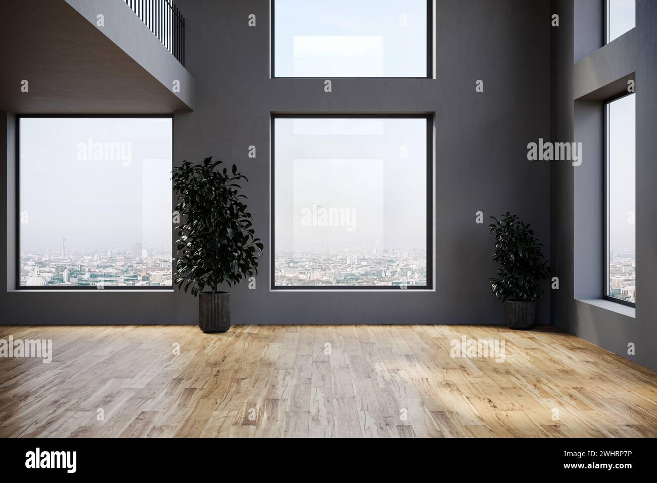 Modern empty apartment interior with gray walls and big panorama ...