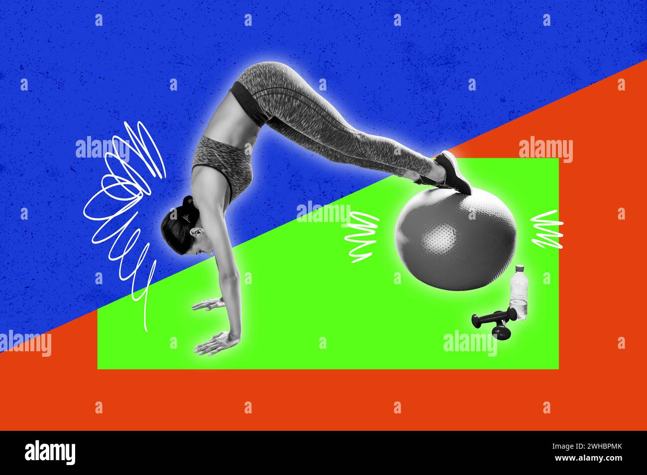 Horizontal art photo collage of fit sportswoman do pilates fitness ...