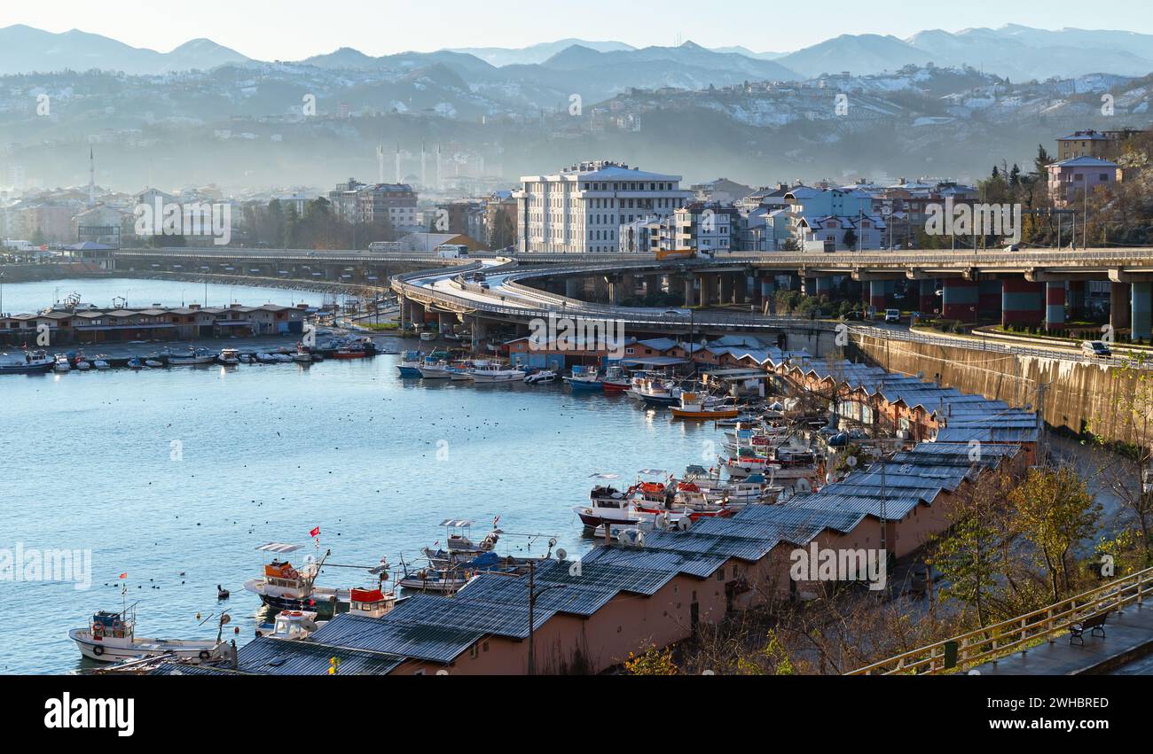 Surmene, Turkey - December 23, 2021: Aerial view with small fishing ...