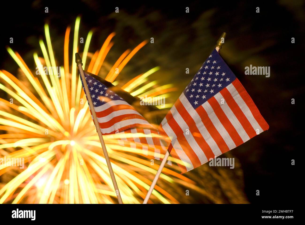American flag with fireworks, Oregon Garden, Silverton, Oregon Stock ...