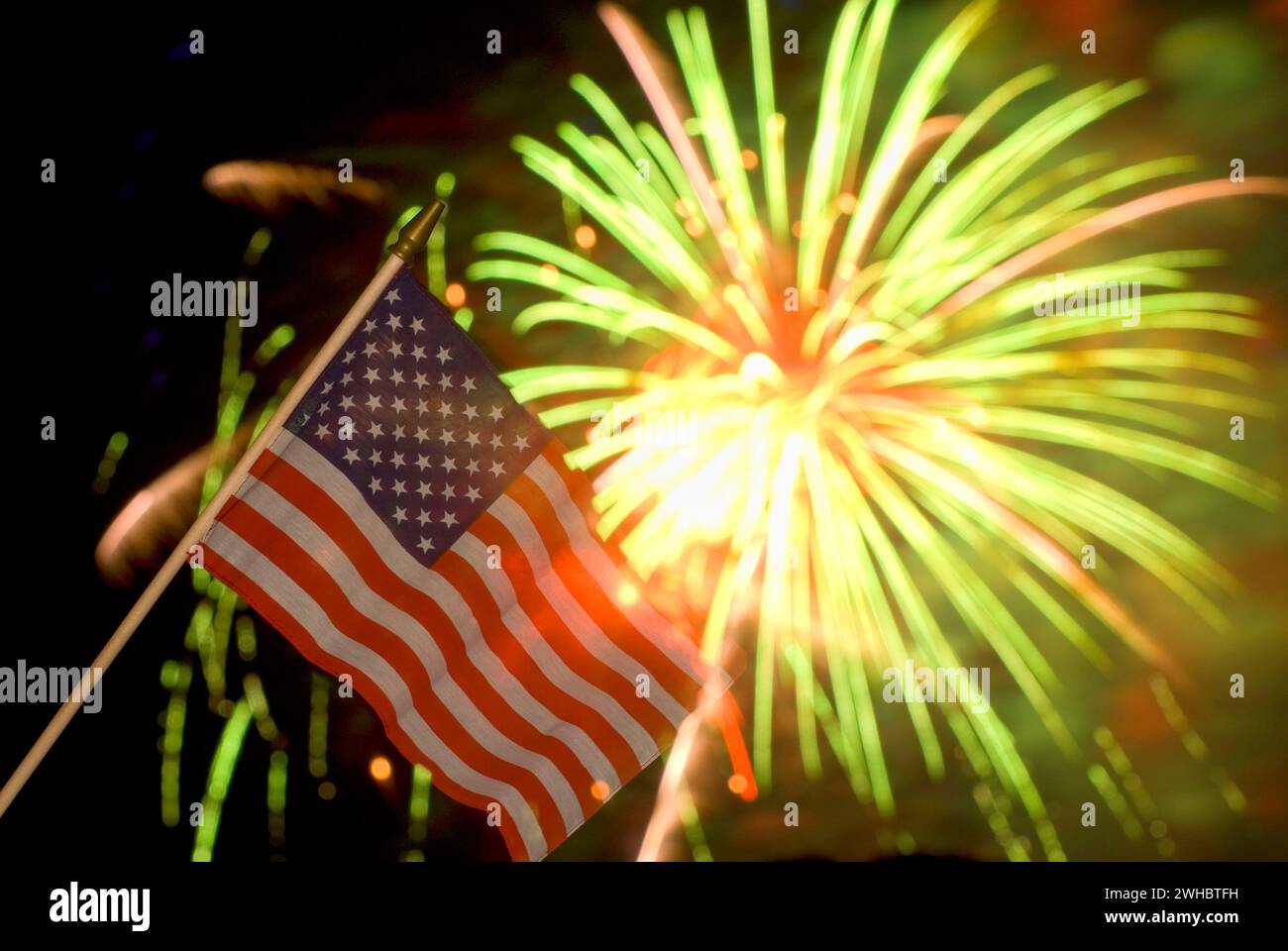 American flag with fireworks, Oregon Garden, Silverton, Oregon Stock ...