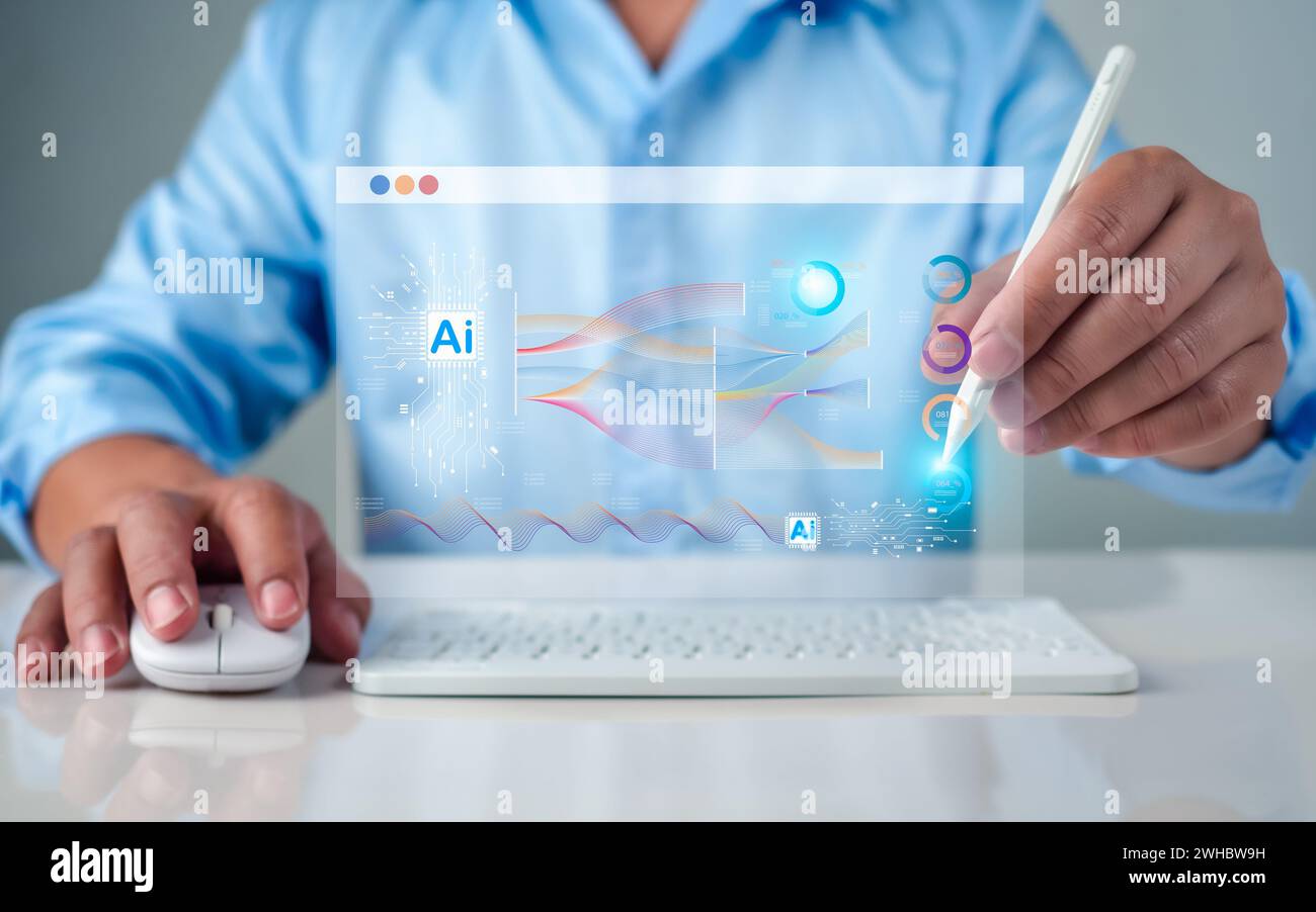 Human hand holding stylus pen touching of AI system, Symbolic, Machine ...