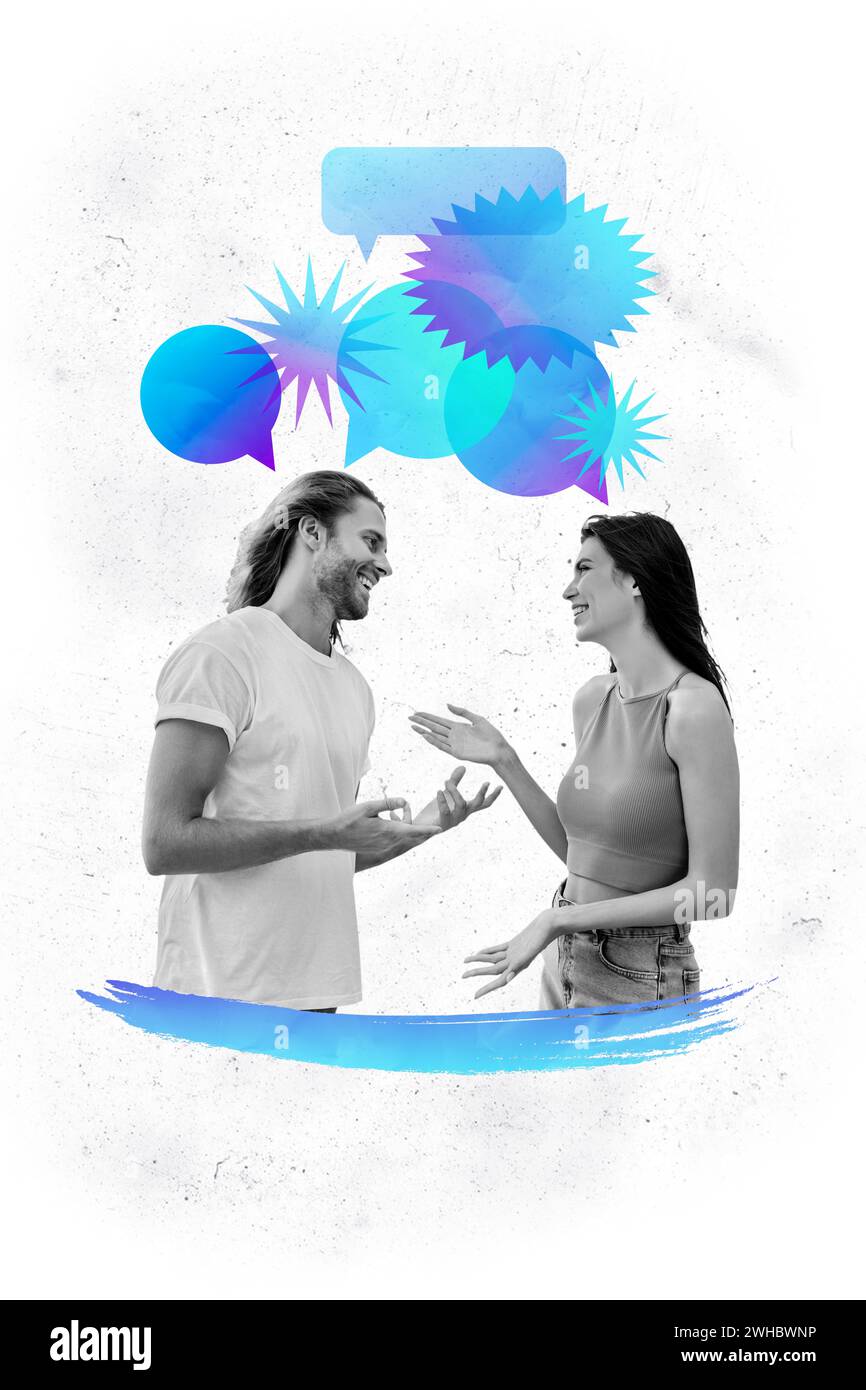 Vertical collage of two cheerful black white effect people talk ...