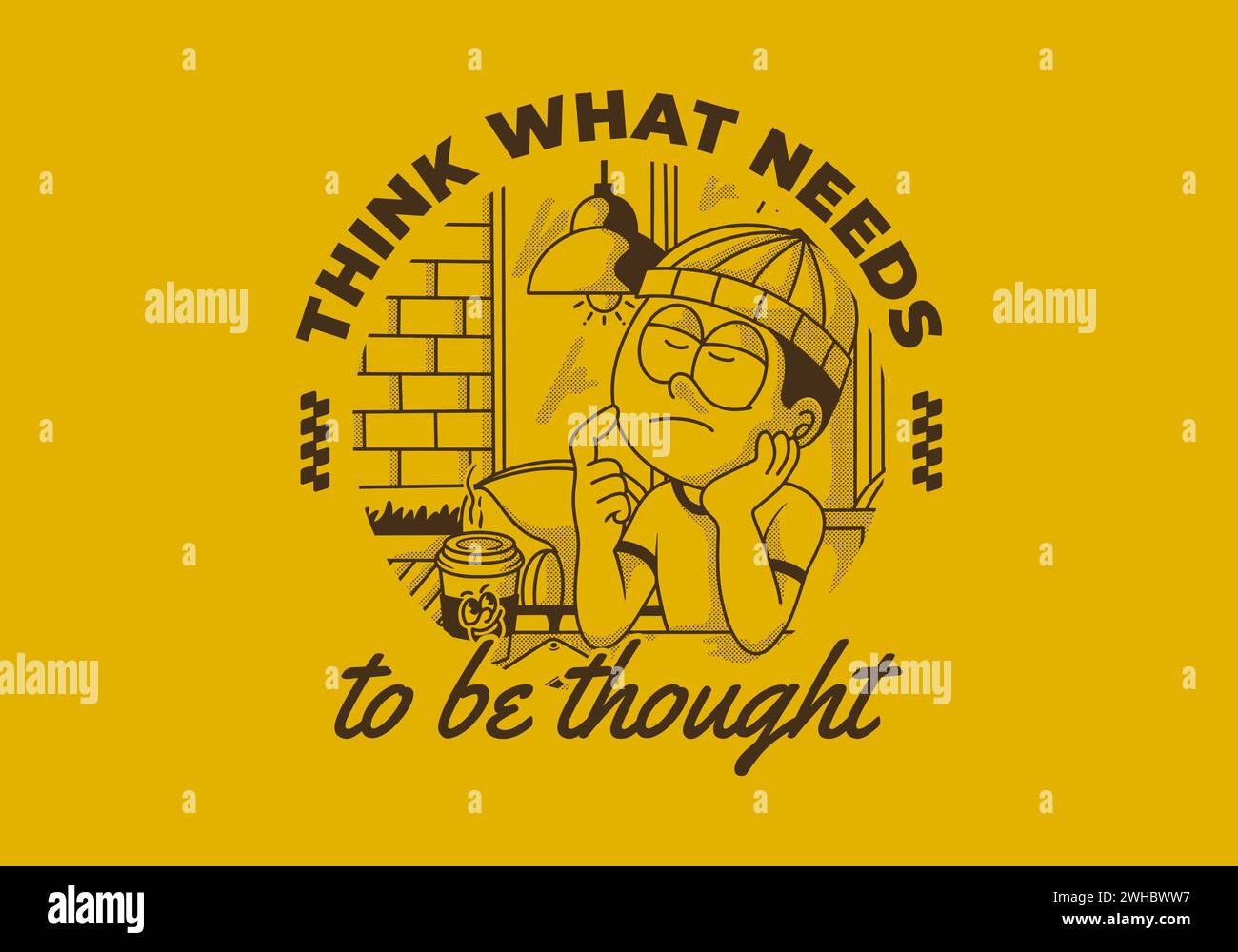 Think what needs to be thought. Vintage illustration of a boy in cafe ...