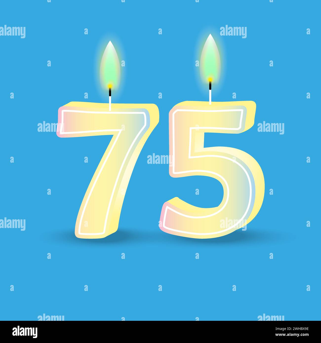 Birthday number seventy five, candle with fire. 3D number 75. Vector ...