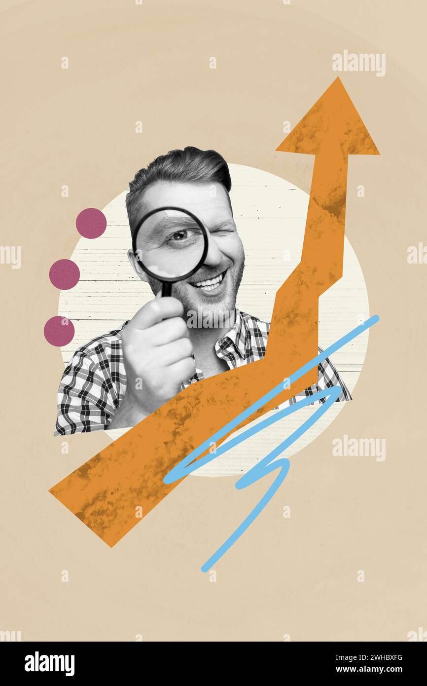Vertical collage image young man look enlarger magnifying loop observe ...
