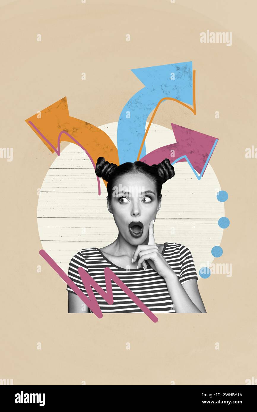 Vertical creative collage poster young amazed girl wondering which way ...