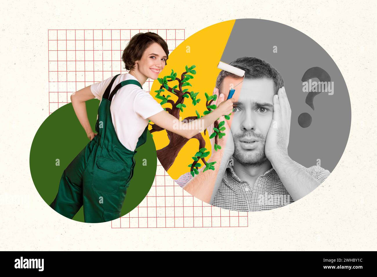 Drawing image picture collage of lady worker painter coloring black ...