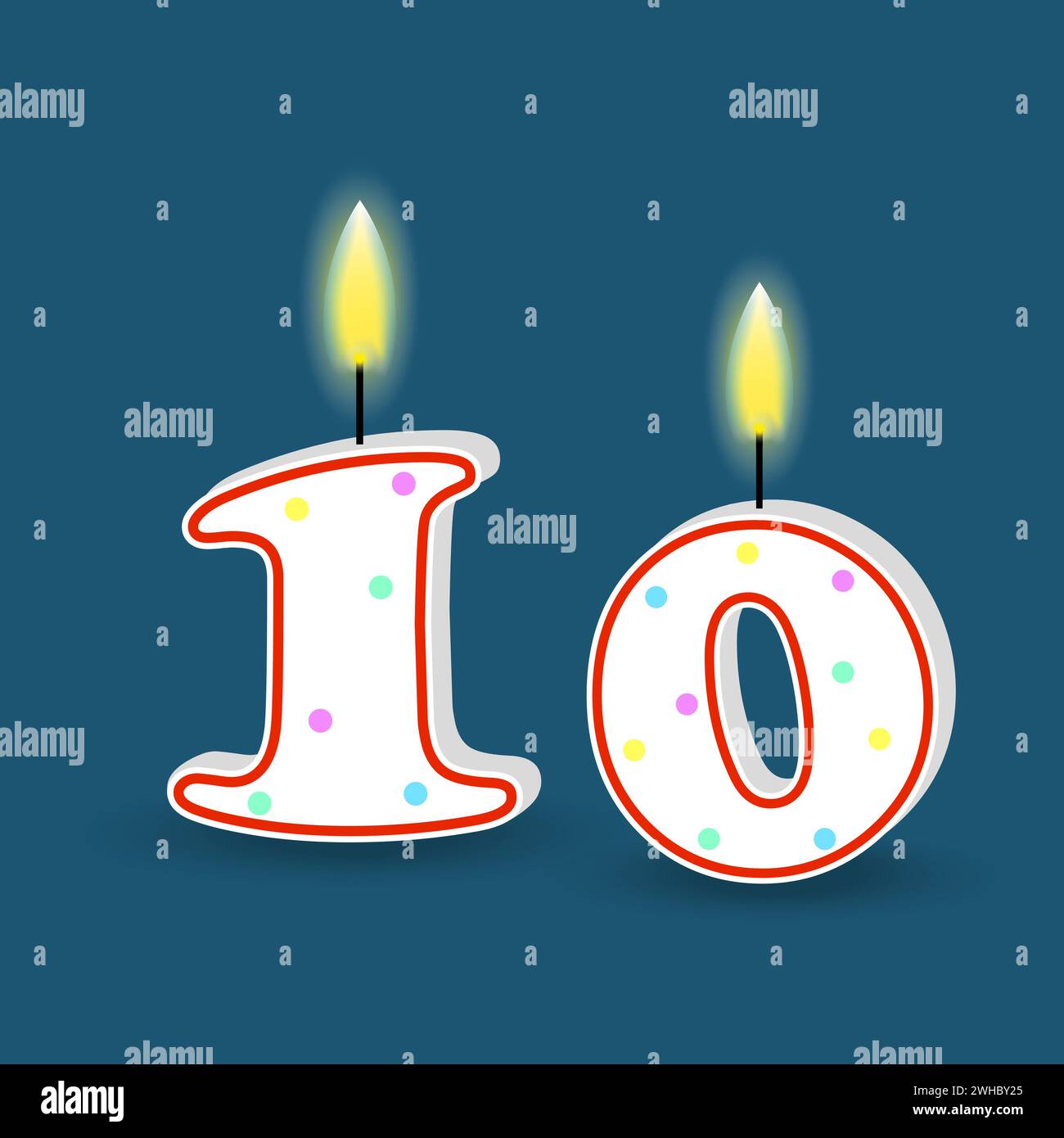 Birthday number ten, candle with fire. 3D number 10. Vector ...