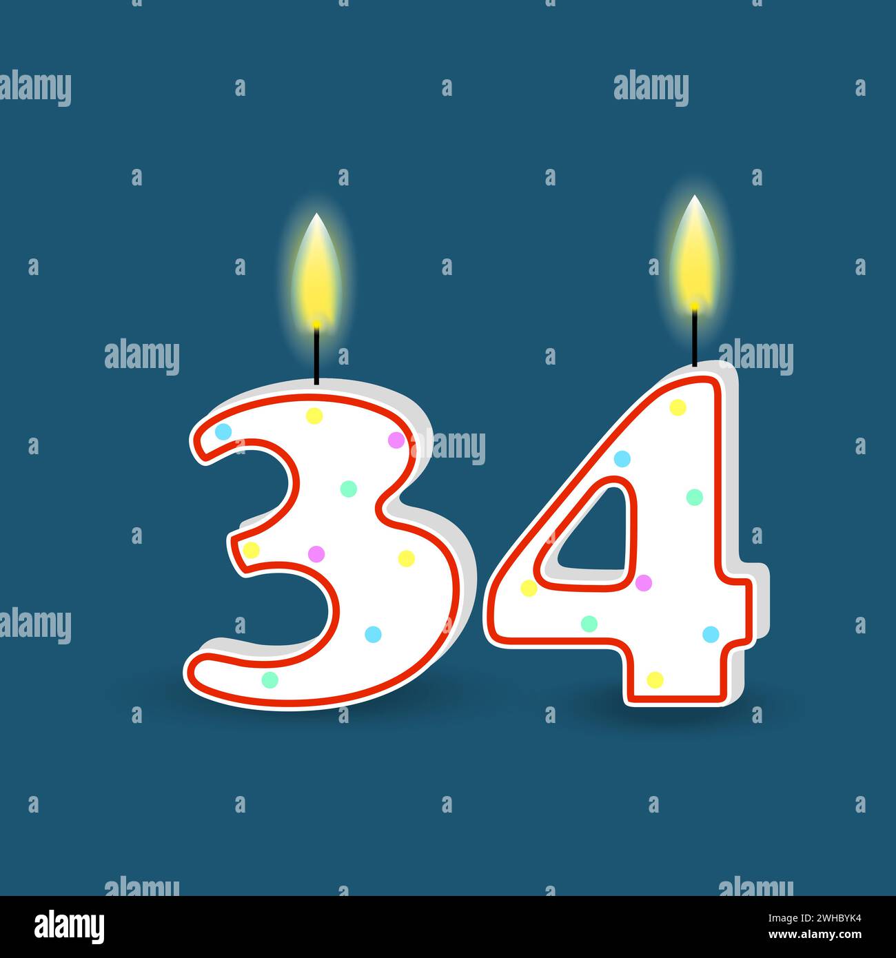 Birthday number thirty four, candle with fire. 3D number 34. Vector ...