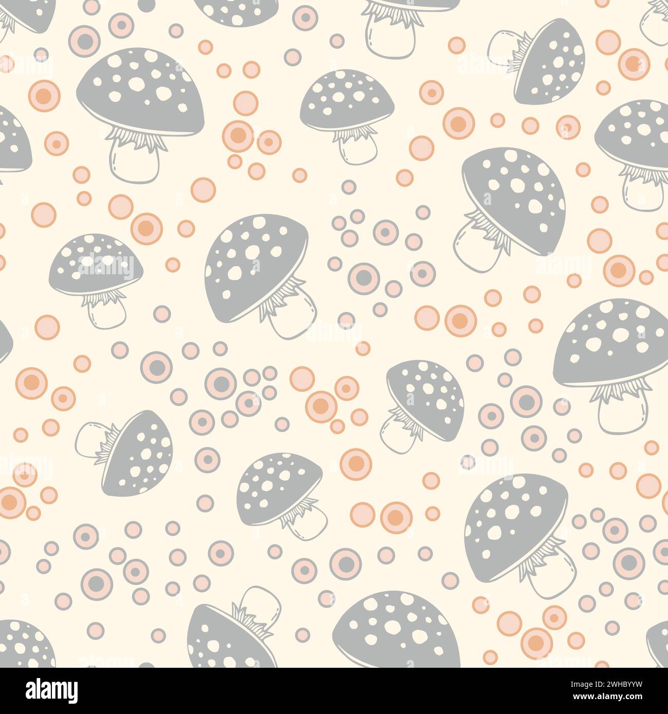 Hand Drawn Grey Line Art Mushrooms and Small Dots. Vector Seamless ...