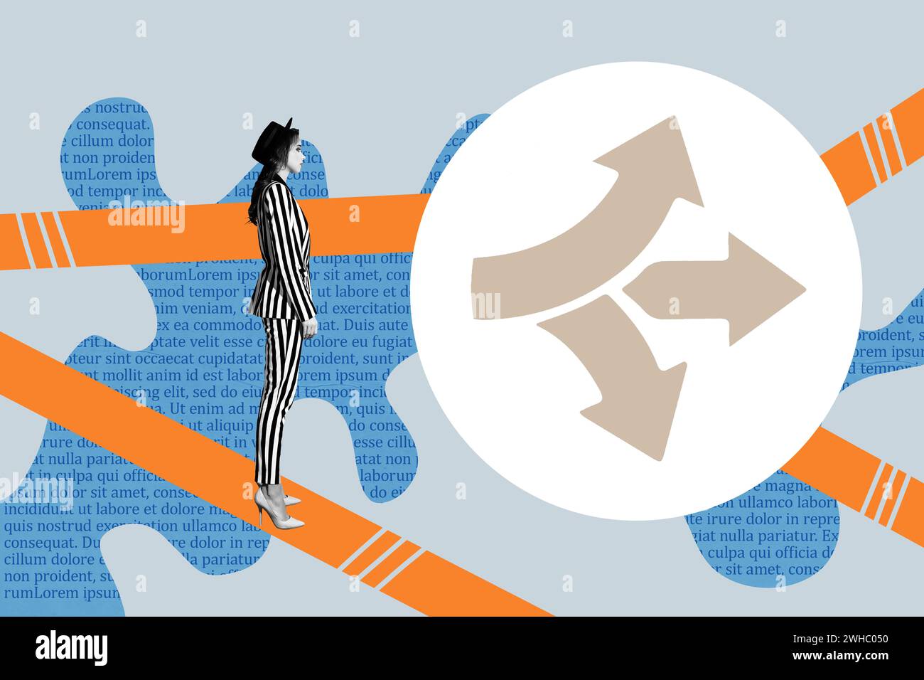 Creative collage picture standing young stylish girl choose direction ...