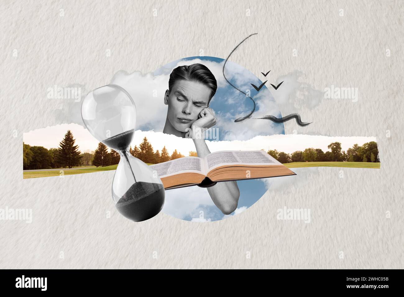 Creative poster collage of bored young man read book tired prepare exam ...