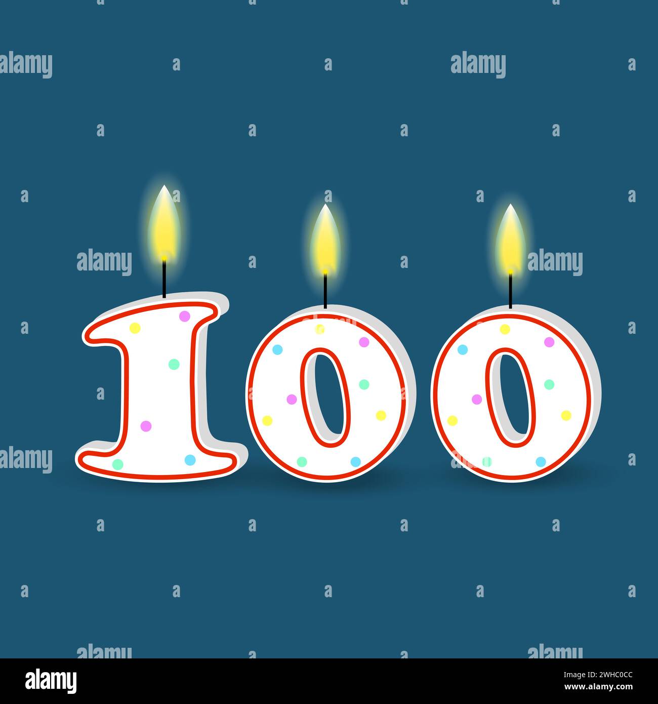 Birthday number hundred, candle with fire. 3D number 100. Vector ...