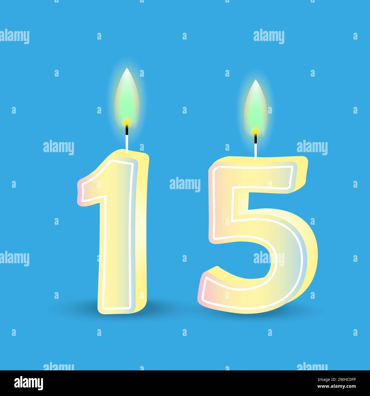 Birthday number fifteen, candle with fire. 3D number 15. Vector ...