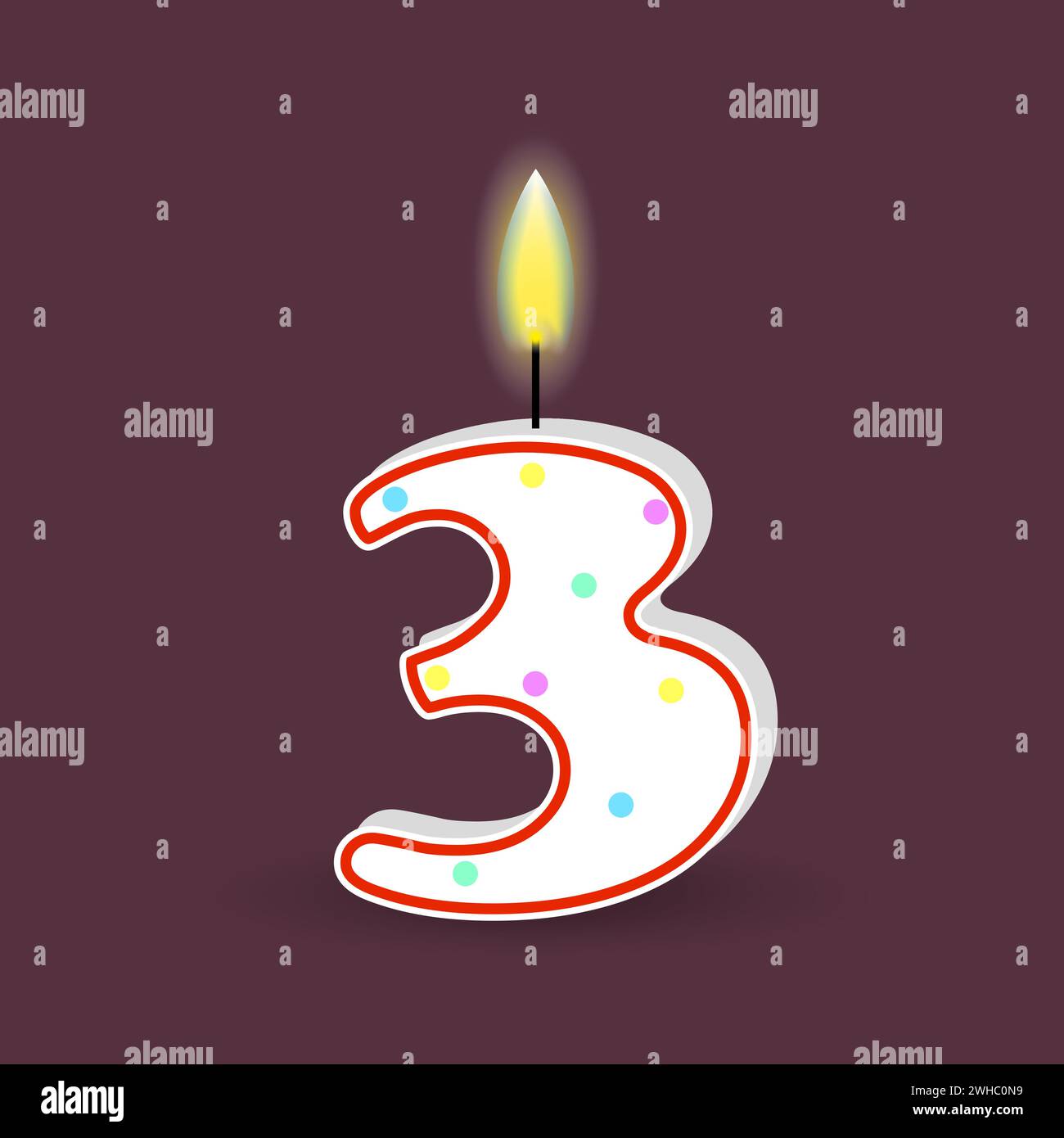 Birthday number three, candle with fire. 3D number 3. Vector ...