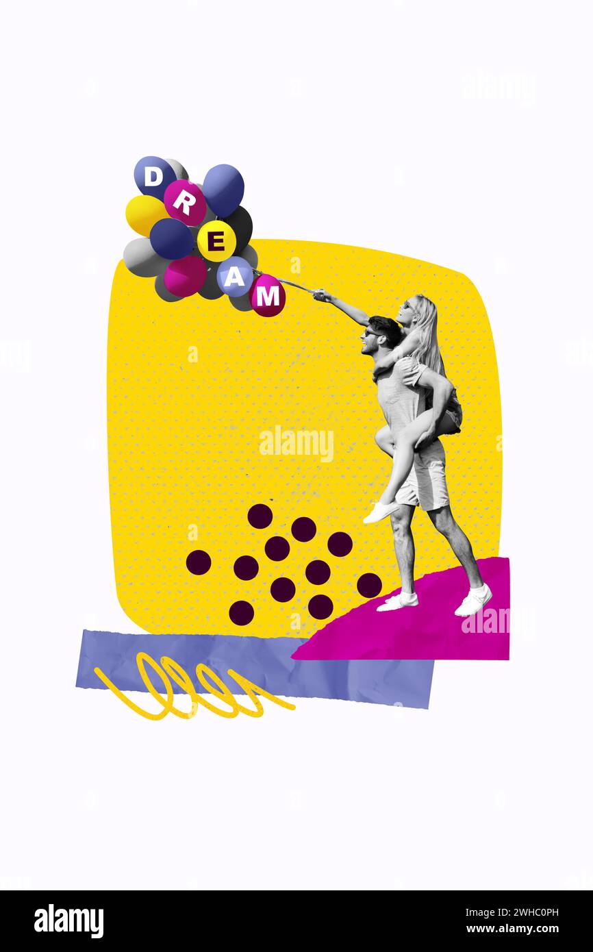 Vertical collage poster lovers couple family young guy holding partner ...