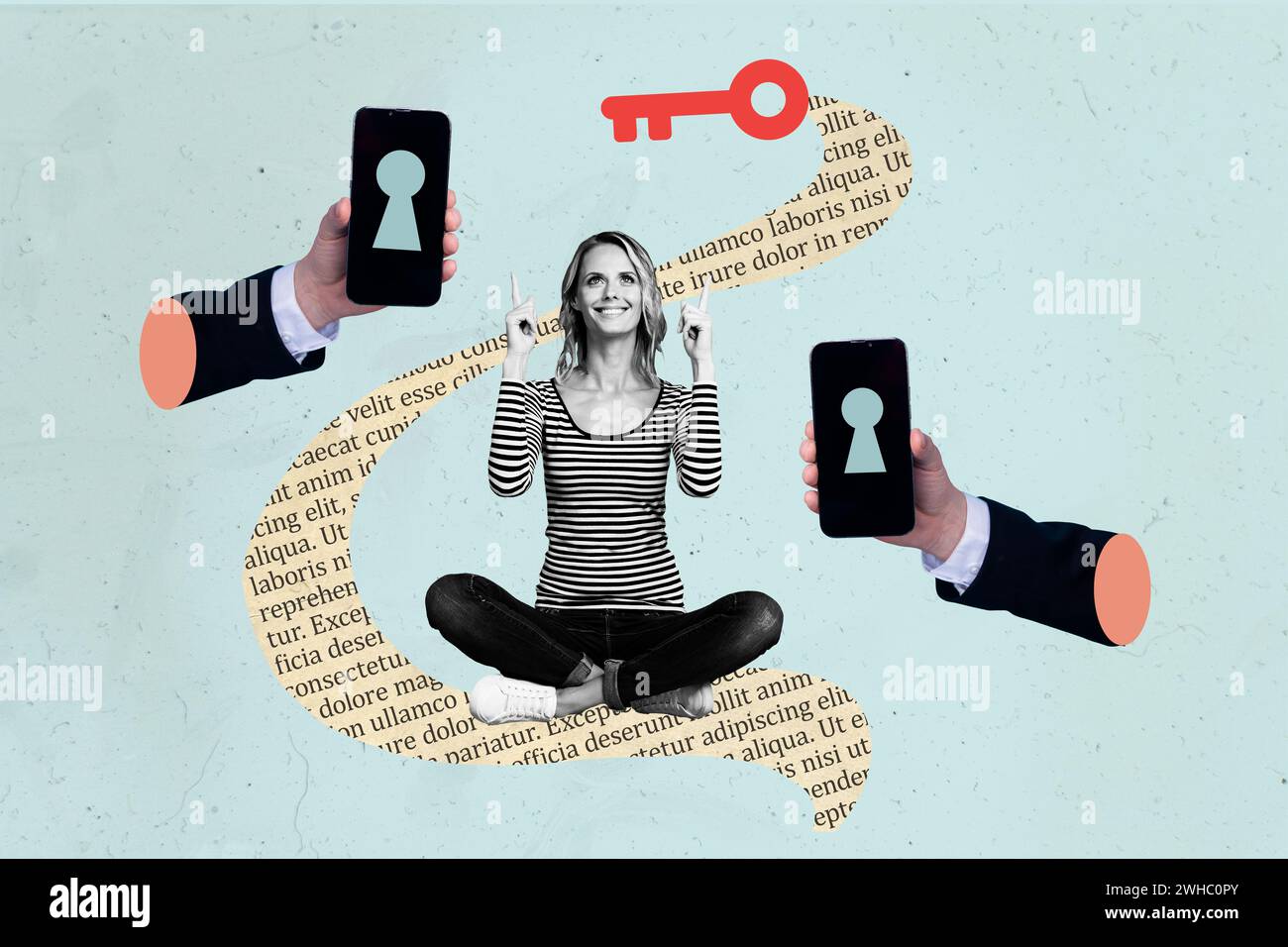 Creative photo collage picture young woman showing pointing up ...