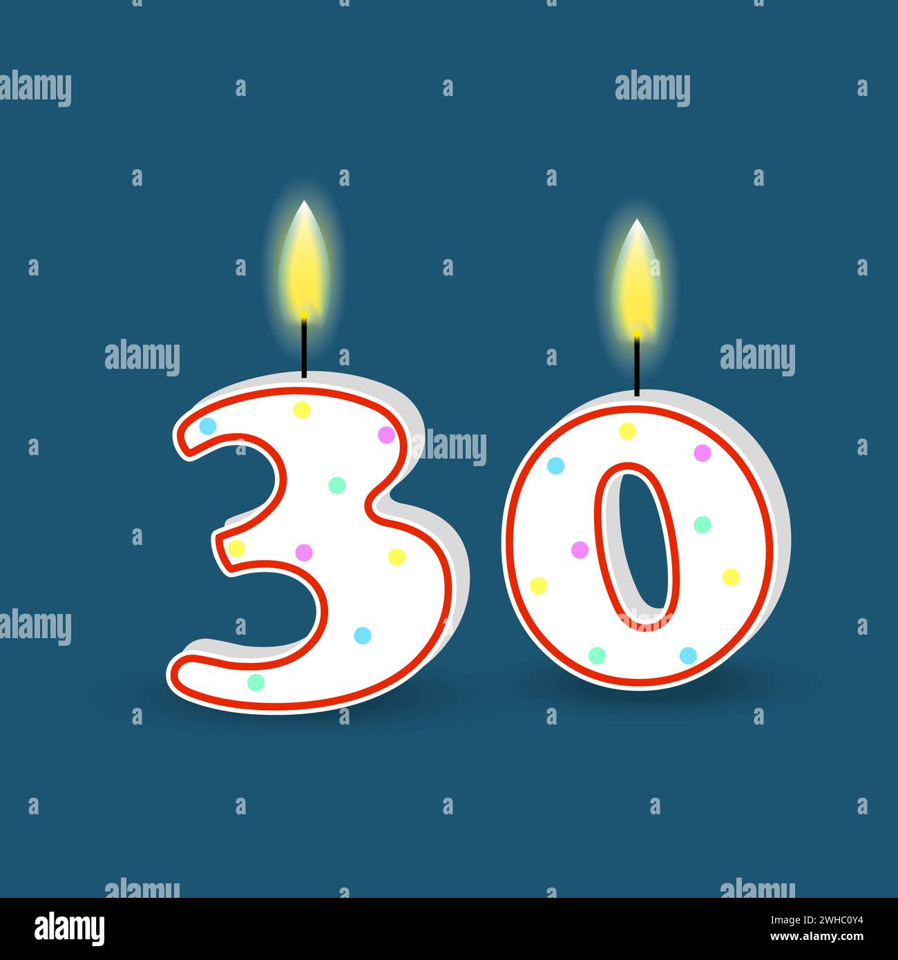 Birthday number thirty, candle with fire. 3D number 30. Vector ...