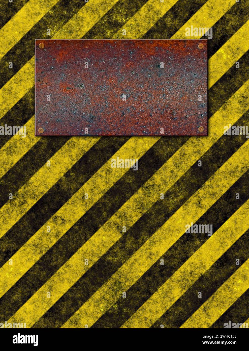 old grungy yellow warning sign with rusted metal plaque Stock Photo - Alamy