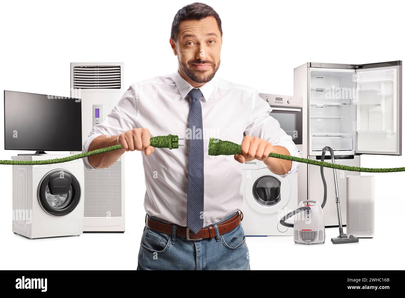 Man plugging in green cables in front of power efficient home ...