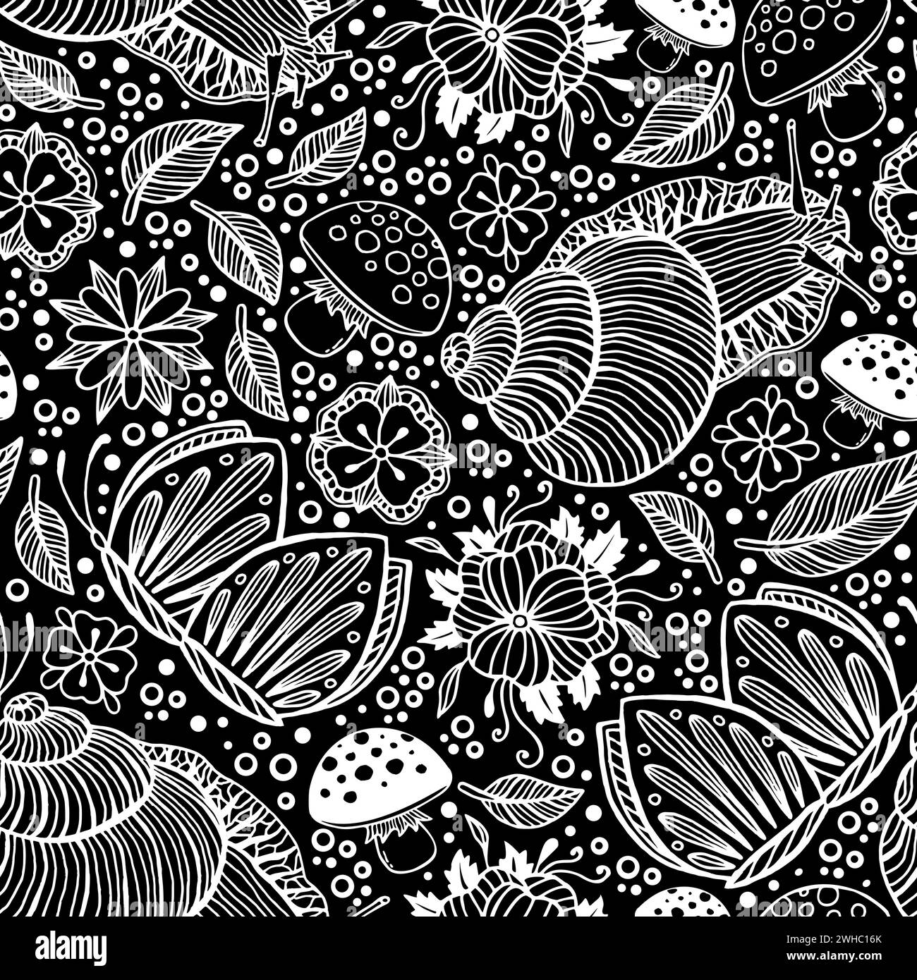 Hand Drawn Snails Leaves and Flowers Seamless Pattern Stock Vector Image & Art - Alamy