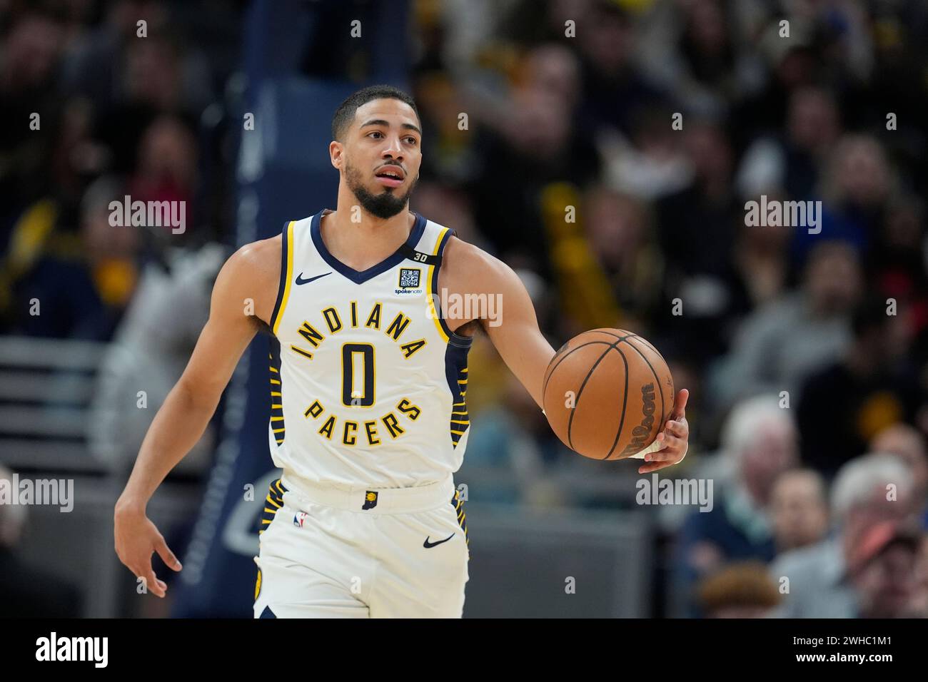 Indiana Pacers' Tyrese Haliburton dribbles during the first half of an ...