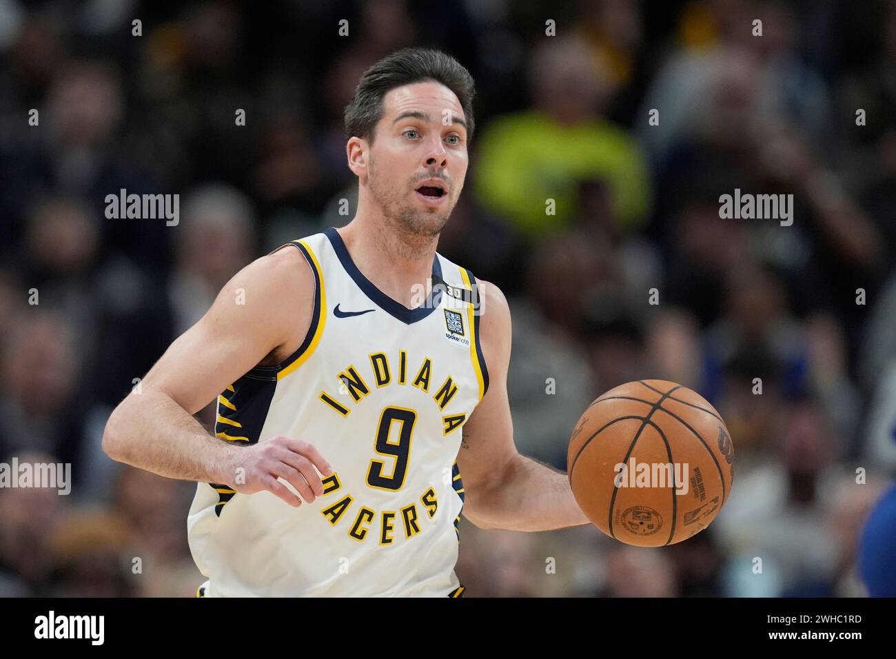 Indiana Pacers' T.J. McConnell dribbles during the first half of an NBA ...