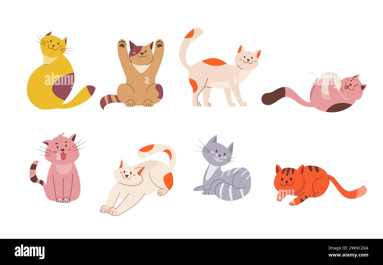 Cute smile cats set. Cartoon design collection of cat breeds in ...