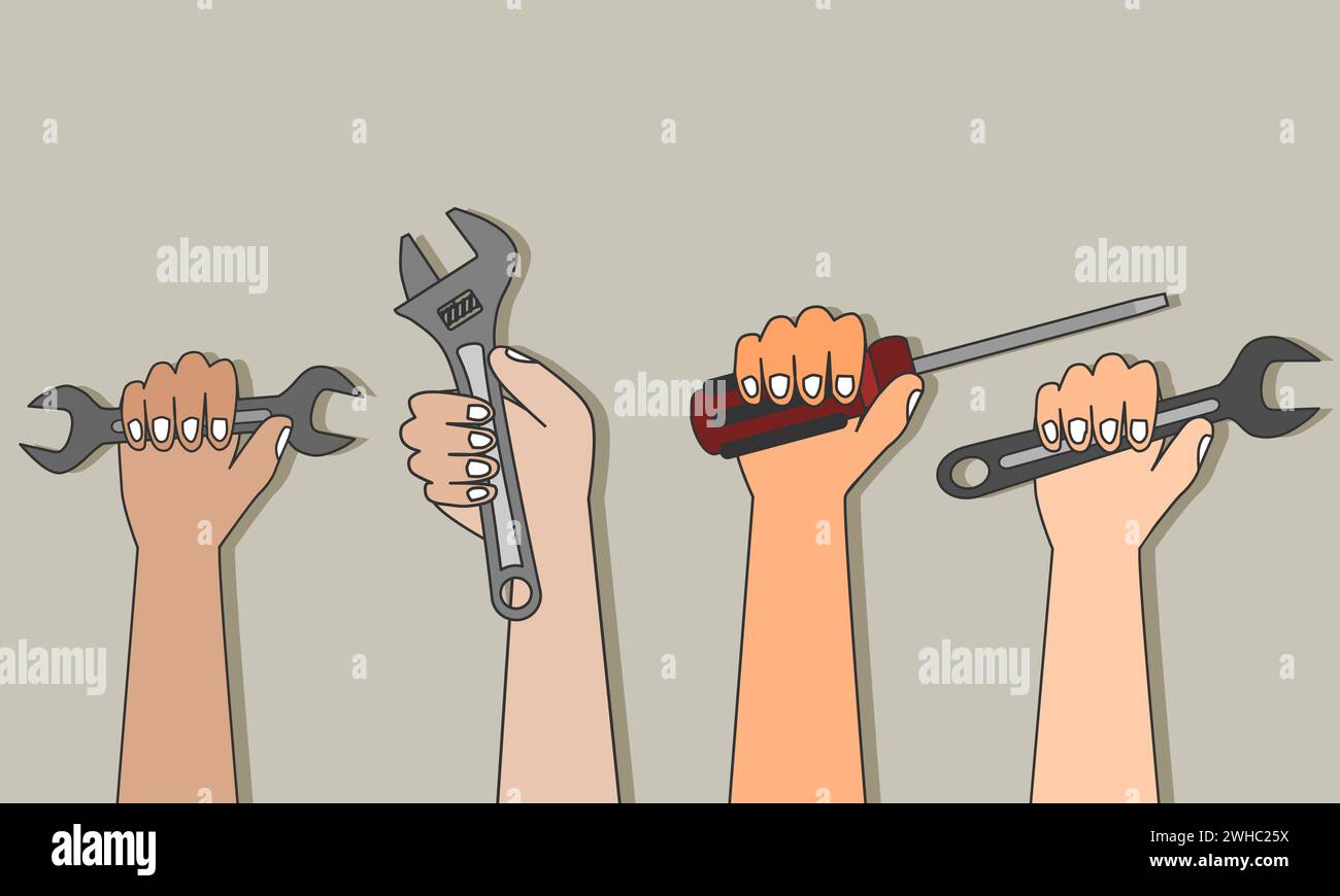 Hands holding construction or mechanical tools. Vector illustration ...