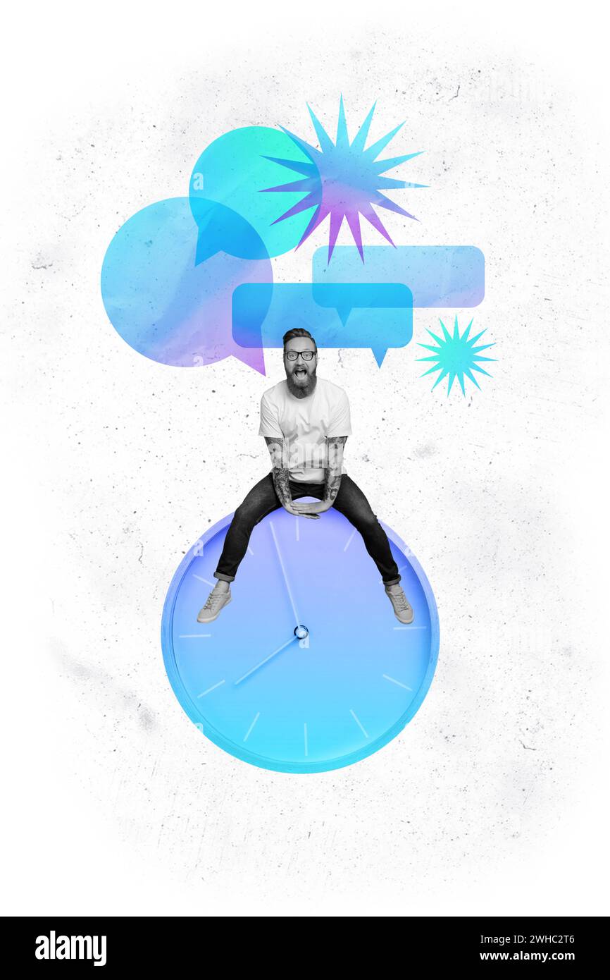 Creative photo collage of countdown oclock late time young guy with ...