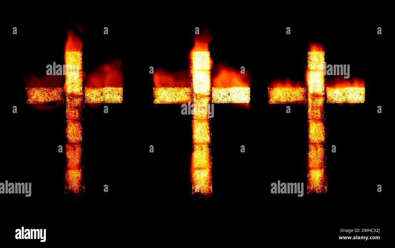 great image of a three christian cross on fire Stock Photo - Alamy