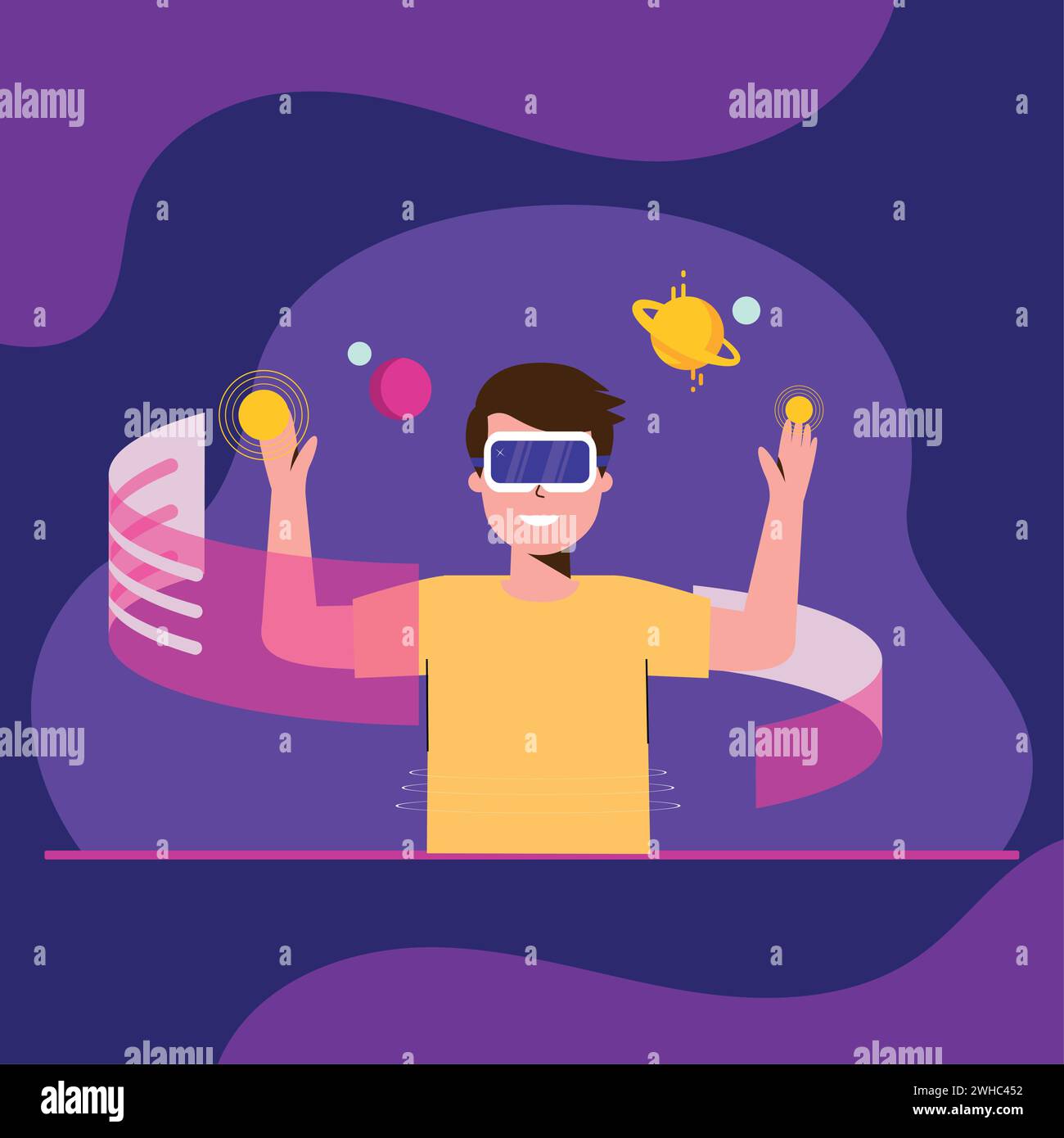 Virtual reality concept poster Male cartoon with virtual reality ...
