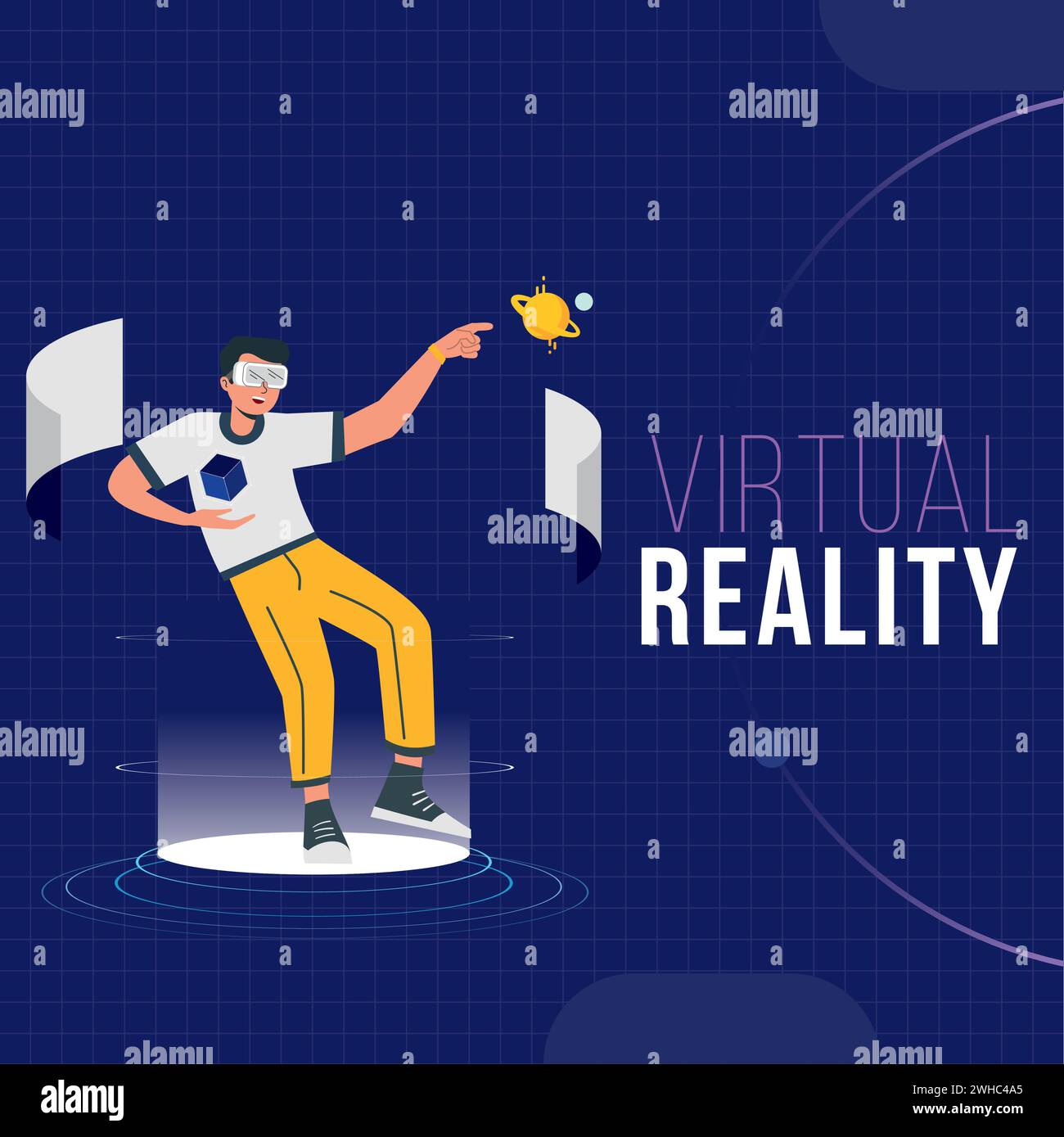 Virtual reality concept poster Male cartoon with virtual reality ...