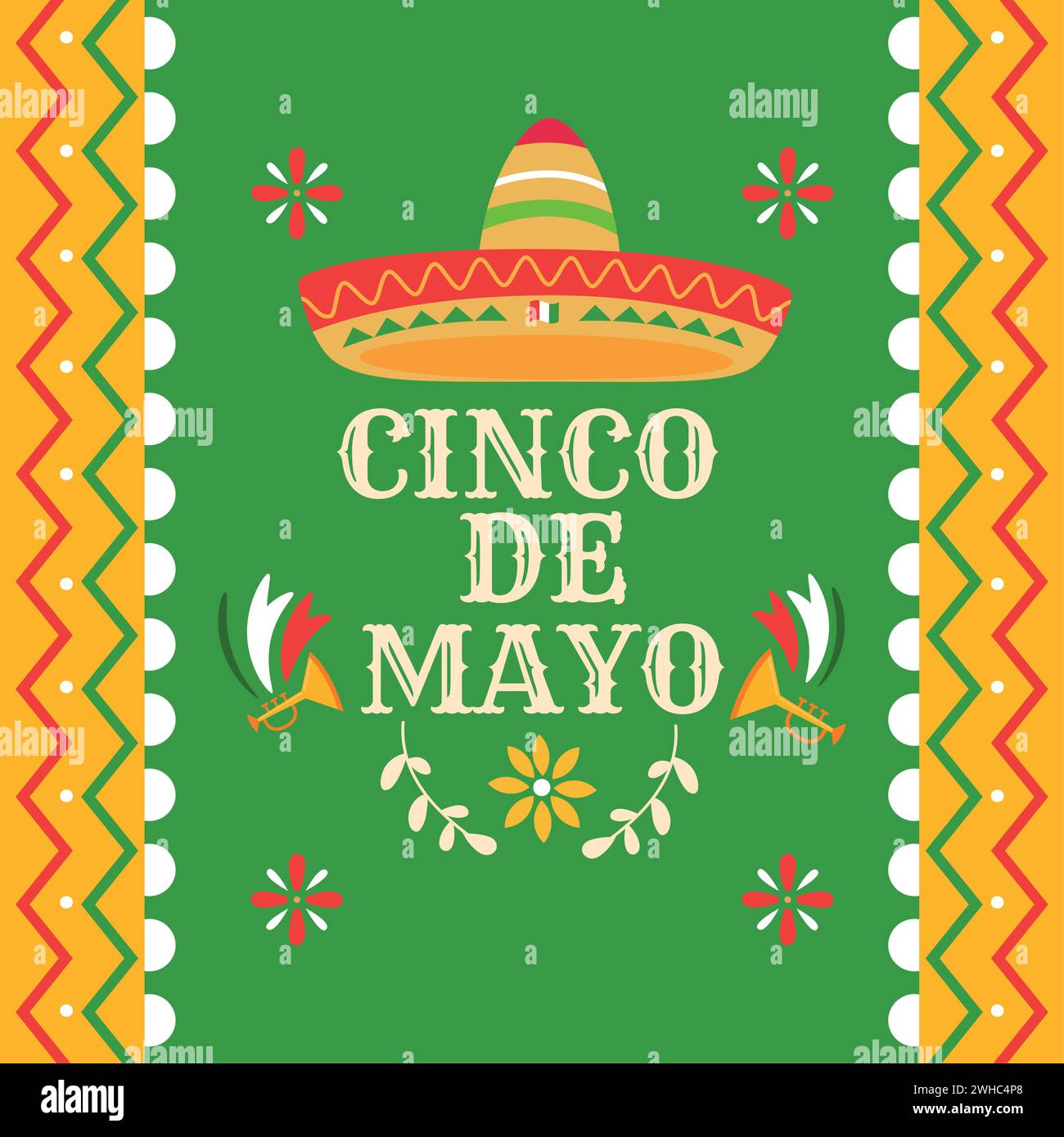 Colored cinco de mayo poster with mexican hat and trumpets Vector Stock ...