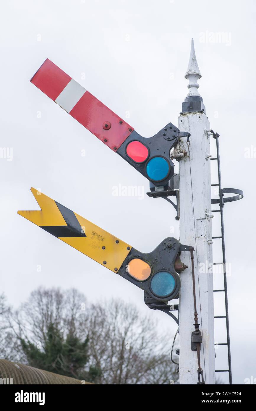 Colourful signals at the signal box alongside Settle railway station ...