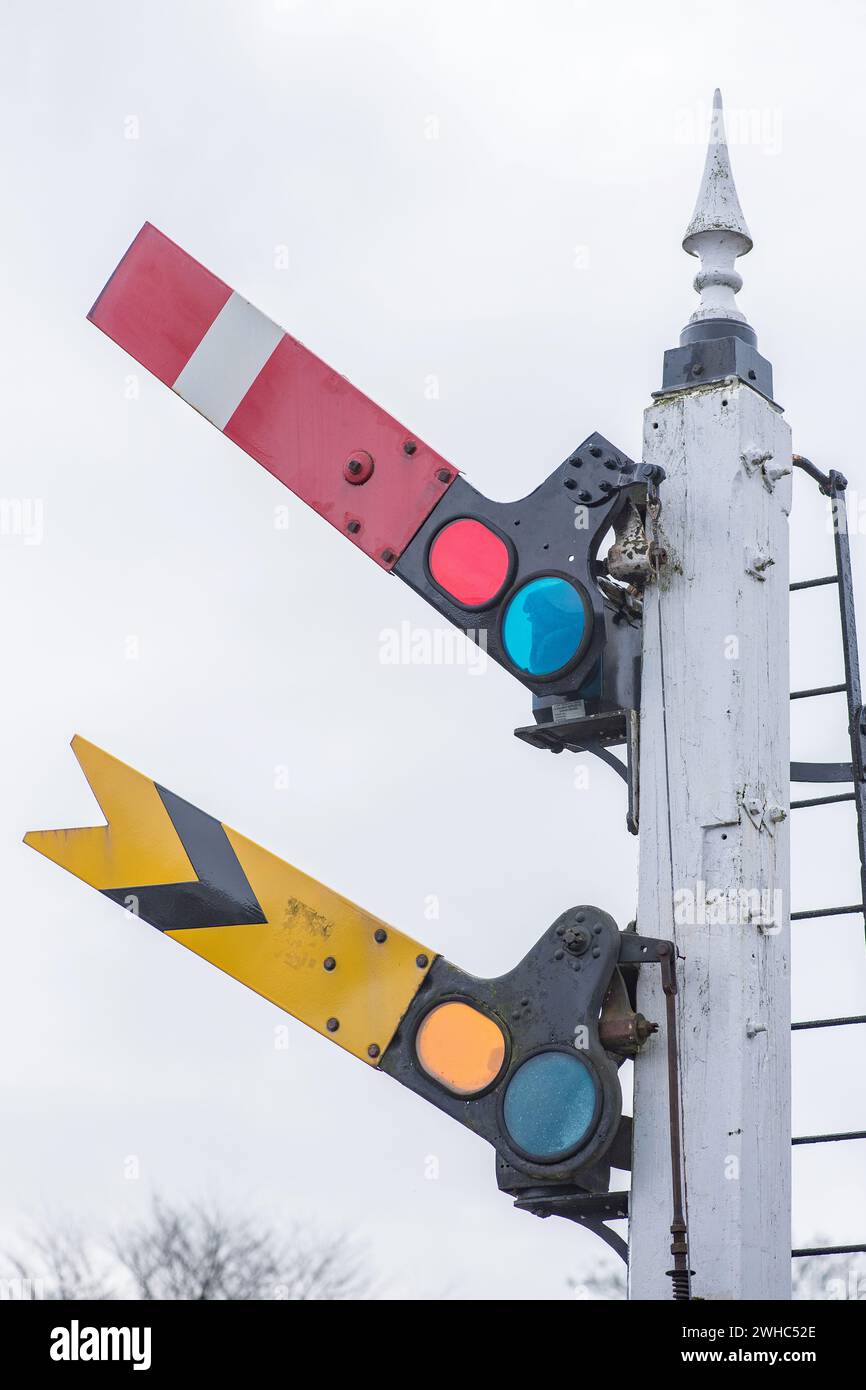 Colourful signals at the signal box alongside Settle railway station ...