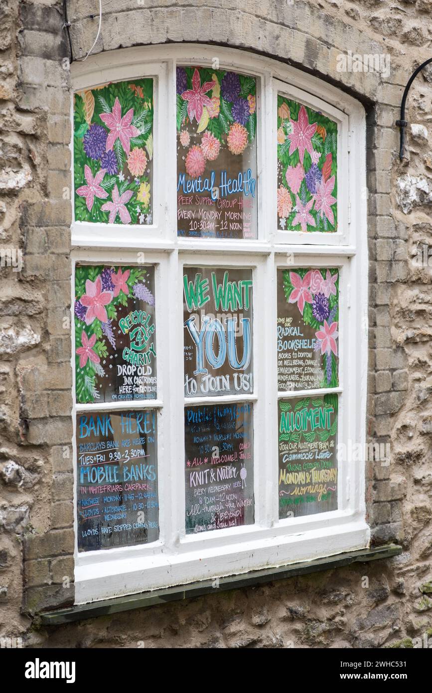 Colourful window in Commercial yard, Settle, North Yorkshire Stock ...