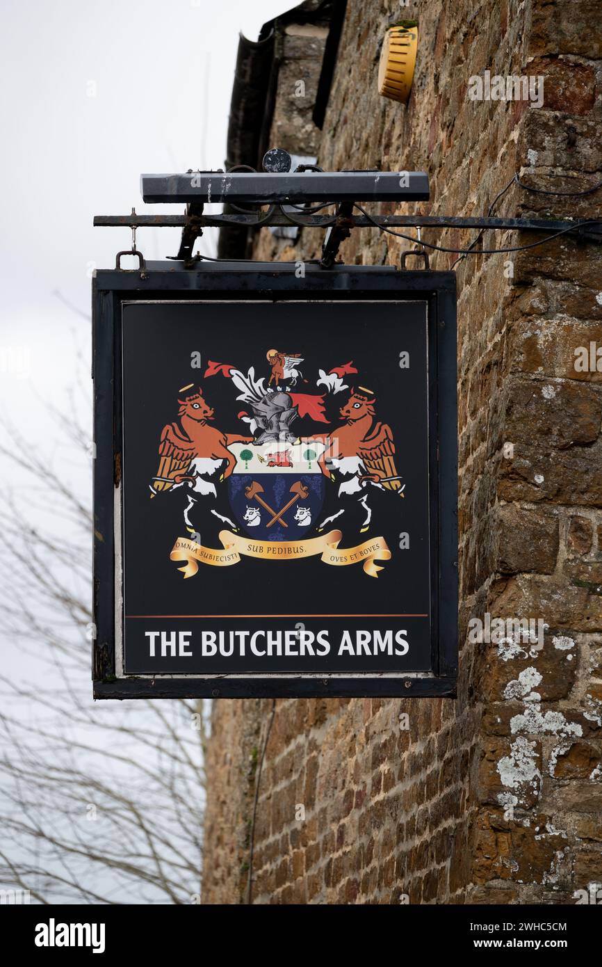 The Butchers Arms pub sign, Kings Sutton, Northamptonshire, England, UK ...