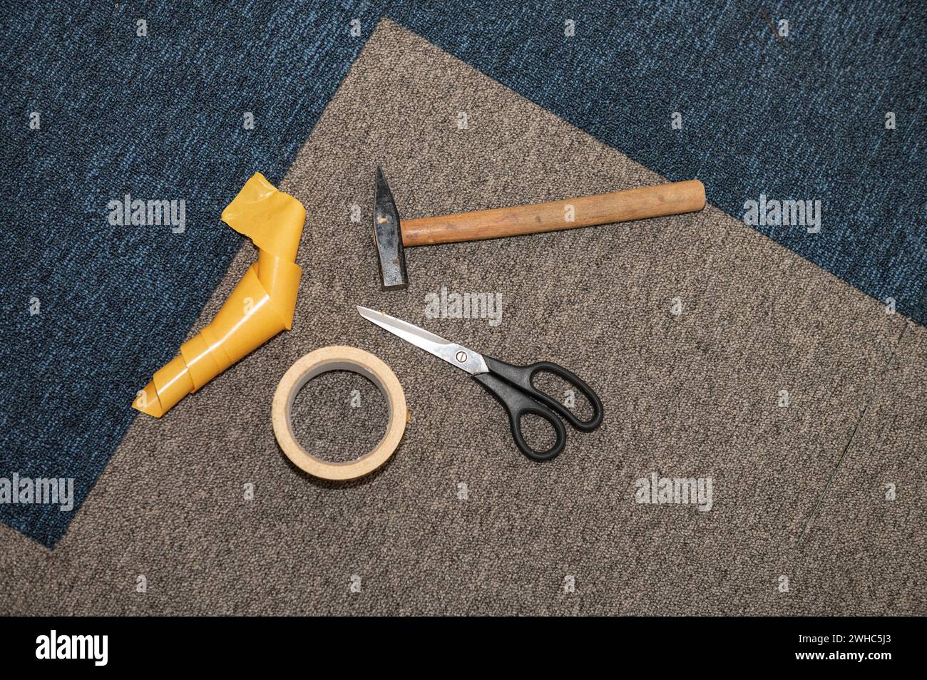 General stock. Domestic chores. Laying new carpet tiles. Tools used ...