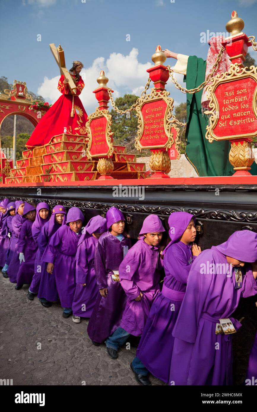 Antigua, Guatemala. Adolescent Boys Carrying a Float (Anda) in a ...
