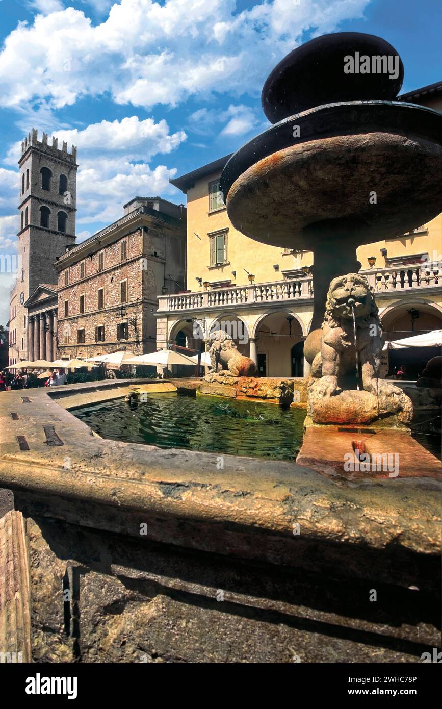 Italy Umbria Assisi Piazza del Comune Fontana dei Tre Leoni and Minerva ...