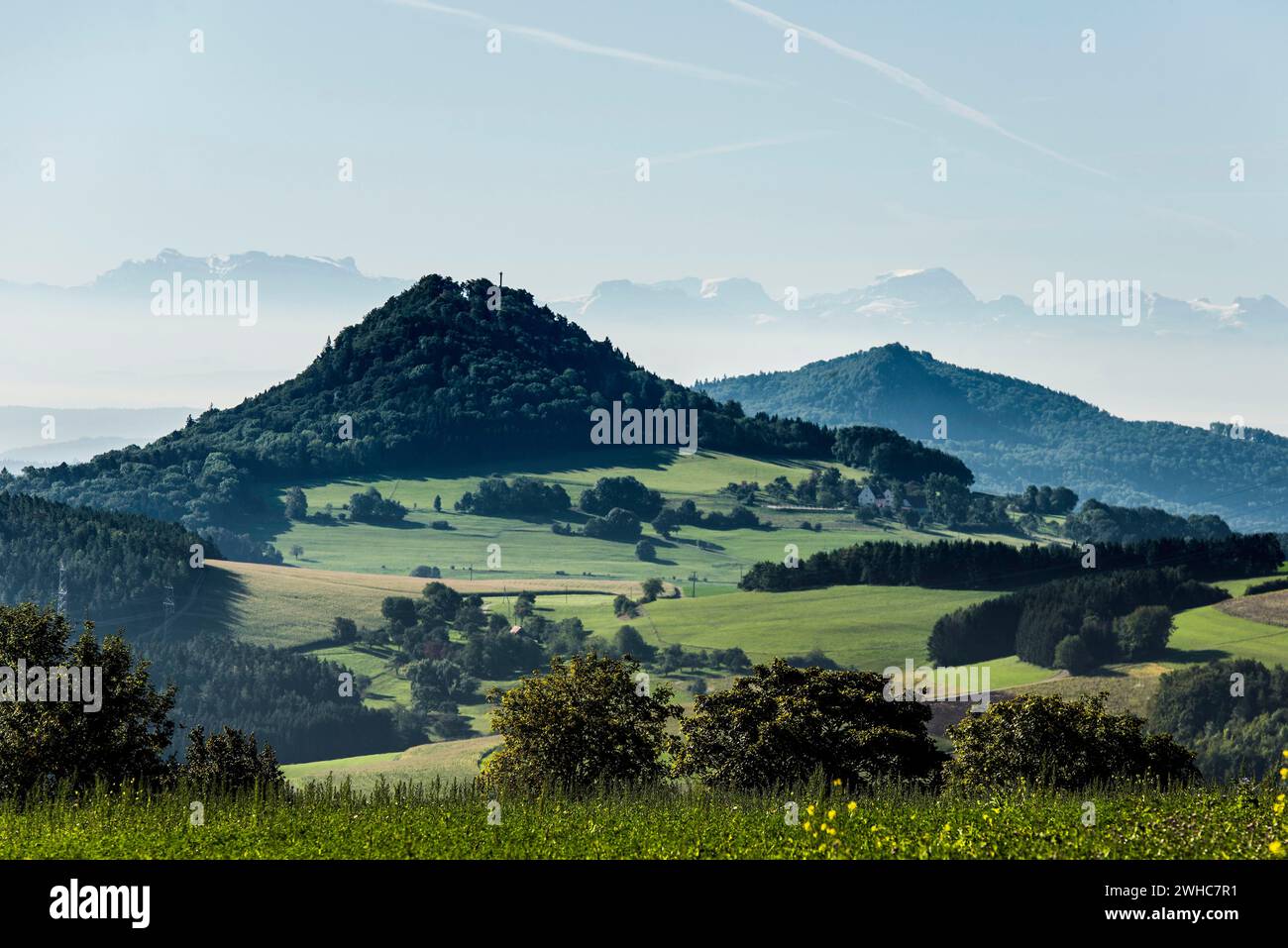 Hegau volcanoes Hohenhewen and Hohenstoffeln, behind the Swiss Alps ...